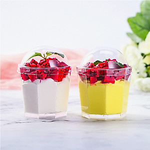 DongAi 25Pcs 6-Ounce Transparent Plastic Dessert Cups,Octagon Clear Plastic Dessert Tumbler Cups Serving Bowls with, 25 Tablespoons and Lids，Pudding Ice Cream Yogurt Candy for at The Parties Weddings
