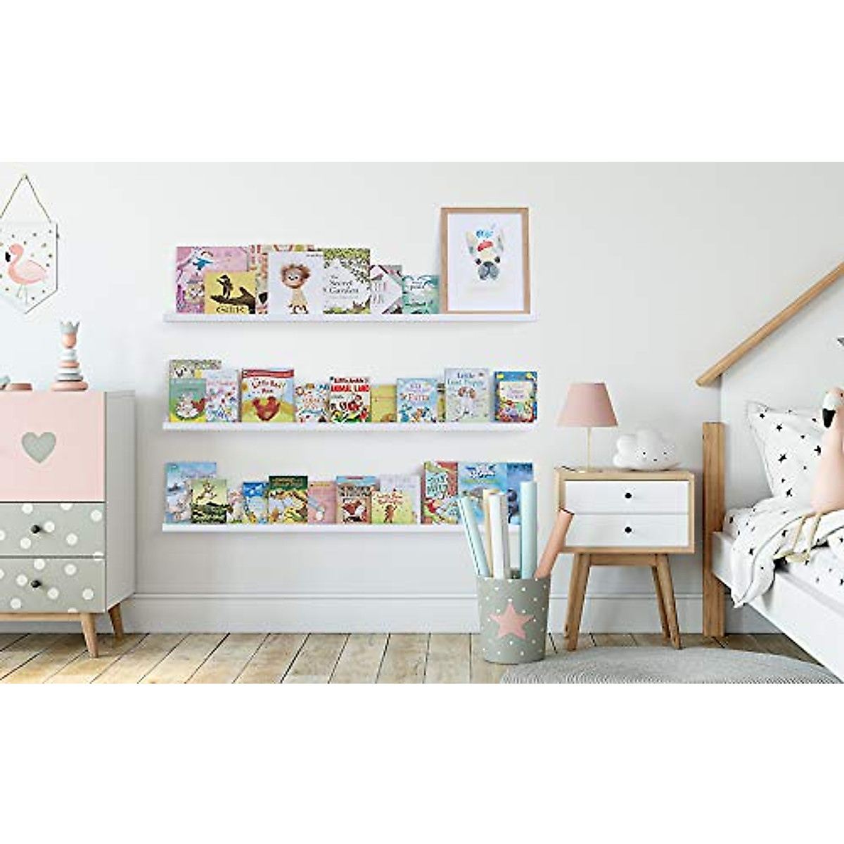 Wallniture Denver White Floating Shelves for Kids Room Decor, 46" Bookshelf for Toddler Toys, Picture Frame Set of 3