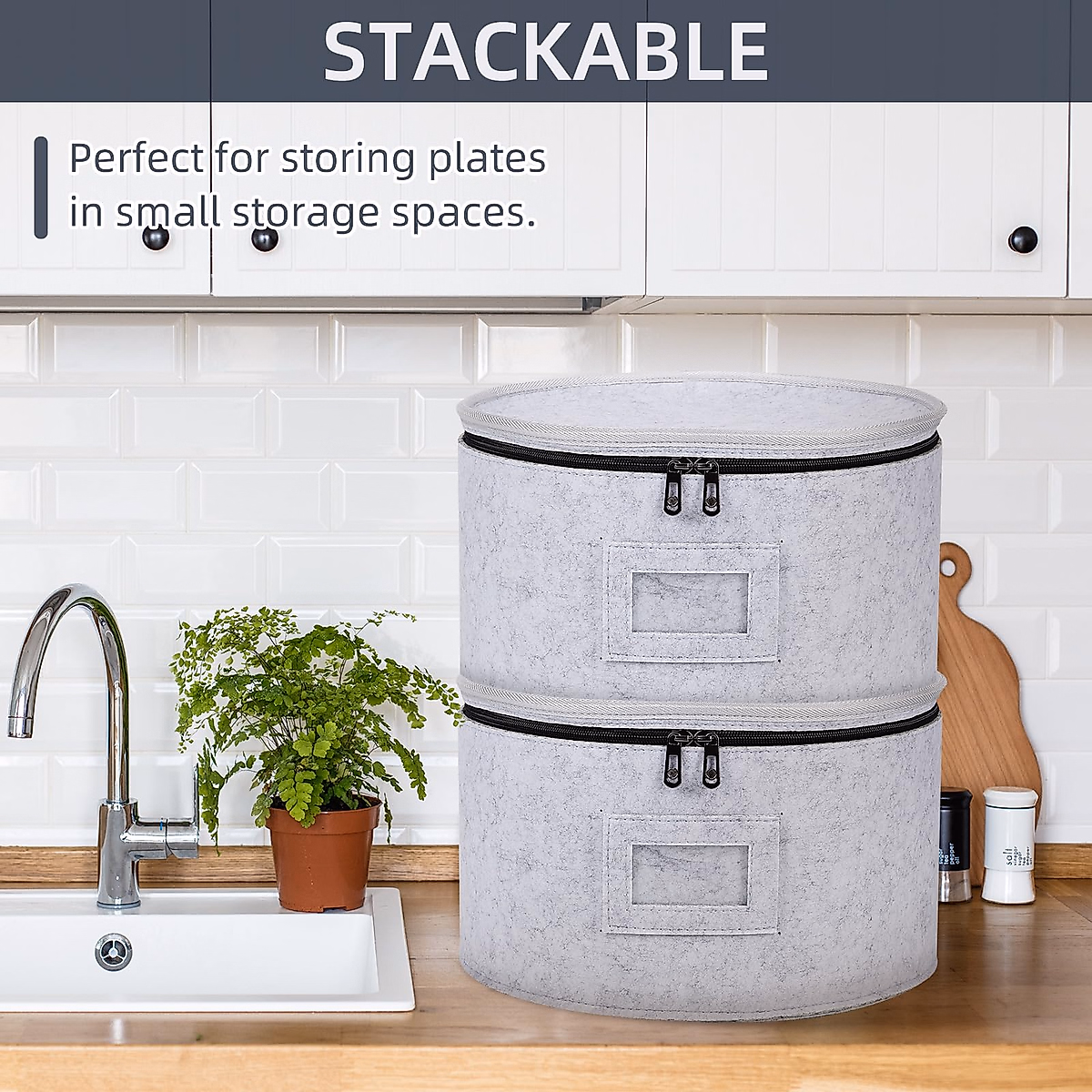 LITLANDSTAR Modern China Storage Case, 7" W x 5.5" H Thick Felt Plate Quilted Case with 12 Felt Dividers for Dinnerware Storage and Transport