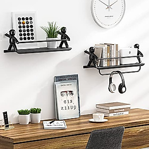 DUSASA Floating Wall Shelves for Bedroom/Bathroom, 2 Pack Metal Hanging Shelf for Living Room/Kitchen/Laundry Room, Wall Mounted Shelves with Towel Rack, Rustic Black Shelves for Wall Décor & Storage