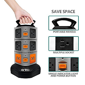Power Strip Tower, ANKO 3000W 13A 16AWG Surge Protector Electric Charging Station, 10 Outlets 4 USB Ports 6 feet Heavy Duty Extension Cord Universal Charging Station