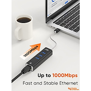 USB to Ethernet Adapter, CableCreation 3-Port USB 3.0 Hub, USB 3.0 Ethernet Adapter RJ45 10/100/1000 Mbps Gigabit Compatible with Windows PC, Laptop, MacBook Pro, USB Flash Drives etc, Aluminum Black