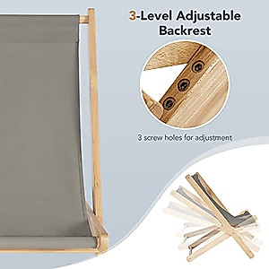 Tangkula Folding Sling Chair, Outdoor Wood Portable Beach Chair with 3-Positions Adjustable Backrest, Patio Lounge Chair with Thick Cushion for Yard Poolside Balcony (2)