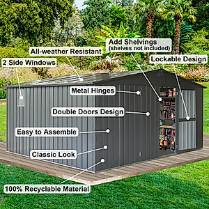 Domi 11x12.5FT Outdoor Storage Shed, Large Size Metal Outdoor Storage Cabinet with Lockable Doors, Windows, Galvanized Steel Storage House for Backyard, Patio, Garden, Lawn, Grey