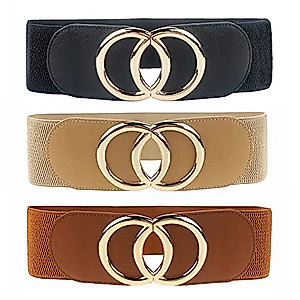 Swtddy Women's Elastic Wide Stretchy Waist Cinch Belt Waistband For Dresses (Suit For Waist Size 36"-45", Golden O Design Black+Khaki+Camel)