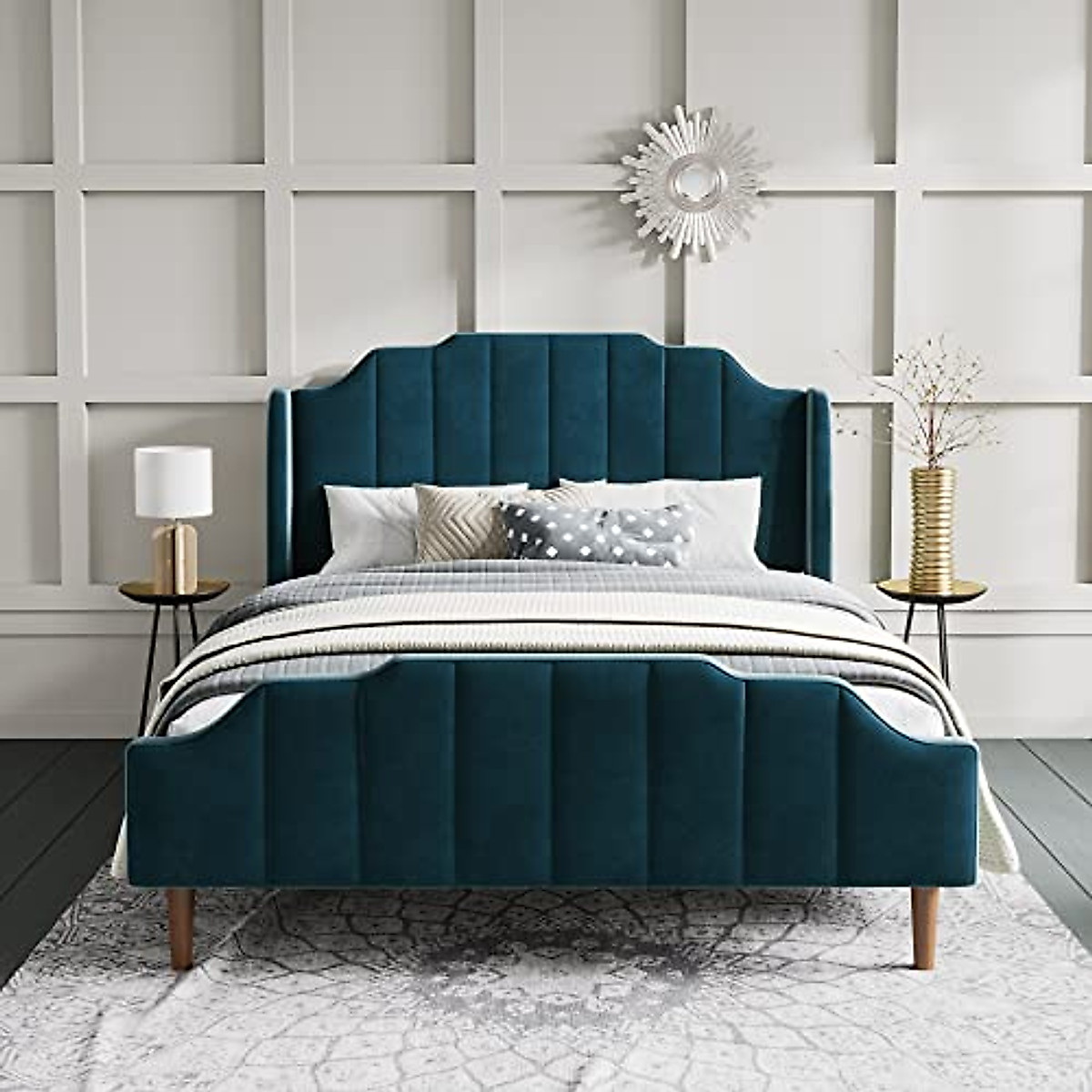 SHA CERLIN Upholstered Queen Size Bed Frame with Modern Curved Velvet Wingback Headboard/Heavy Duty Wood Platform Bed with Strong Wood Slat Support/No Box Spring Needed, Blue