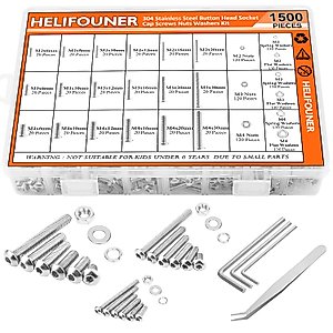 HELIFOUNER 1500 Pieces M2 M3 M4, 304 Stainless Steel Button Head Socket Cap Metric Screws Bolts Washers Nuts Hardware Assortment Kit with Hex Wrenches