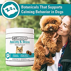 Vet Classics Anxiety & Stress Dog Supplement – Helps Reduce Dog Stress – Includes Botanicals for Calming Dog Behavior, Pet Nervousness – Melatonin, Chamomile, Ginkgo Biloba – Soft Chews 120 Ct.