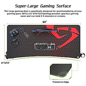 Eureka Ergonomic 60'' Gaming Desk, T-Shaped Carbon Fiber Surface Computer Desk with Free Mouse Pad,Large PC Gamer Desk Gaming Table with USB Handle Rack Cup Holder Headphone Hook,Black