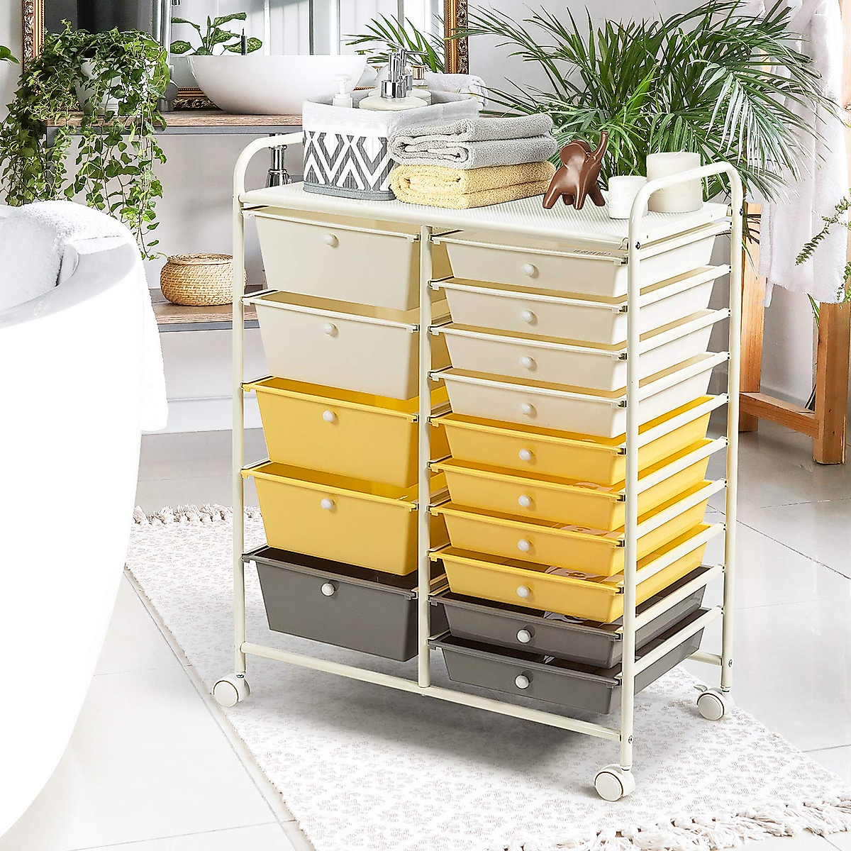 KOTEK 15-Drawer Rolling Storage Cart, Multipurpose Mobile Utility Cart with 4 Wheels, Home Office School Tools Scrapbook Paper Organizer (Yellow)