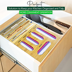 Bamboo Zip Lock Bag Kitchen Drawer Organizer - 9-in-1 Wrap Dispense with Cutter, Compatible with Gallon, Quart, Sandwich, and Snack Bags