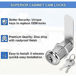 Cylinnda Cabinet Locks with Keys, 1-1/8" Cam Locks Keyed Alike, Quality Cabinet Cam Lock for RV Storage Locks Drawers Mailbox Toolbox Lock Replacement Set, Zinc Alloy (20 Pack, 1-1/8 Inch)