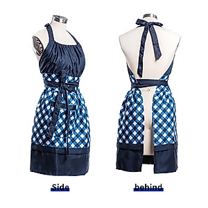 Alex Virtue Lovely Flower Pattern Retro Aprons With Large Pockets for Women Girls Cooking Kitchen Bakery Mother's Gift (Blue Plaid)