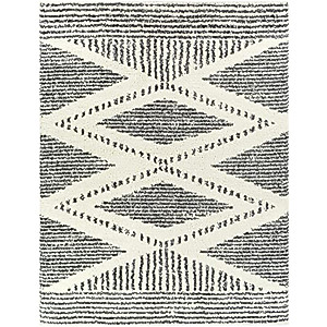 Trunding Moroccan Farmhouse Living Room Bedroom Shaggy Area Rug - Bohemian Shag Rug - Plush High Pile - Southwestern Boho Soft Carpet - Tribal Aztec - Black, Cream, Grey, Beige - 7'10" x 10'3"