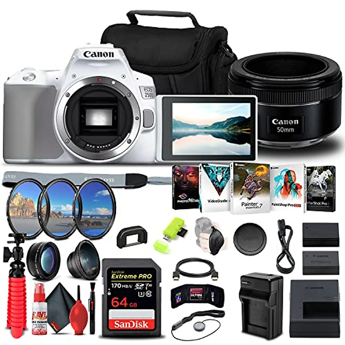 Canon EOS 250D / Rebel SL3 DSLR Camera (Body Only), (White) Canon EF 50mm Lens, 64GB Memory Card, Filter Kit, LPE17 Battery, External Charger, Card Reader + More (Renewed)