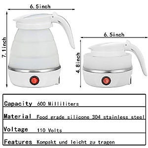 Travel Kettle Electric Small Foldable Portable Kettle,Silicone Collapsible Heating Water Boiler Tea Pot for Camping,Easy for Storage with Separable Power Cord (White)