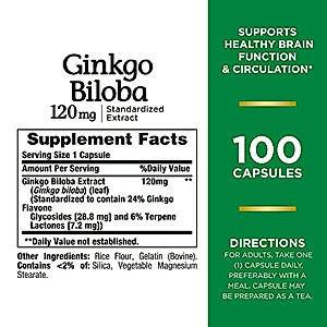 Nature’s Bounty Ginkgo Biloba Capsules 120mg, Memory Support Supplement, Supports Brain Function and Mental Alertness, 100 Capsules