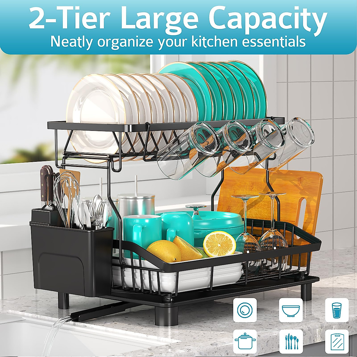 Ricobes Dish Drying Rack - 2 Tier Large Capacity Dish Rack- Dish Racks for Kitchen Counter with Drainboard, Rustproof Dish Drainer with Removable Utensil Holder,Cutting Board Holder,Cup Holder, Black