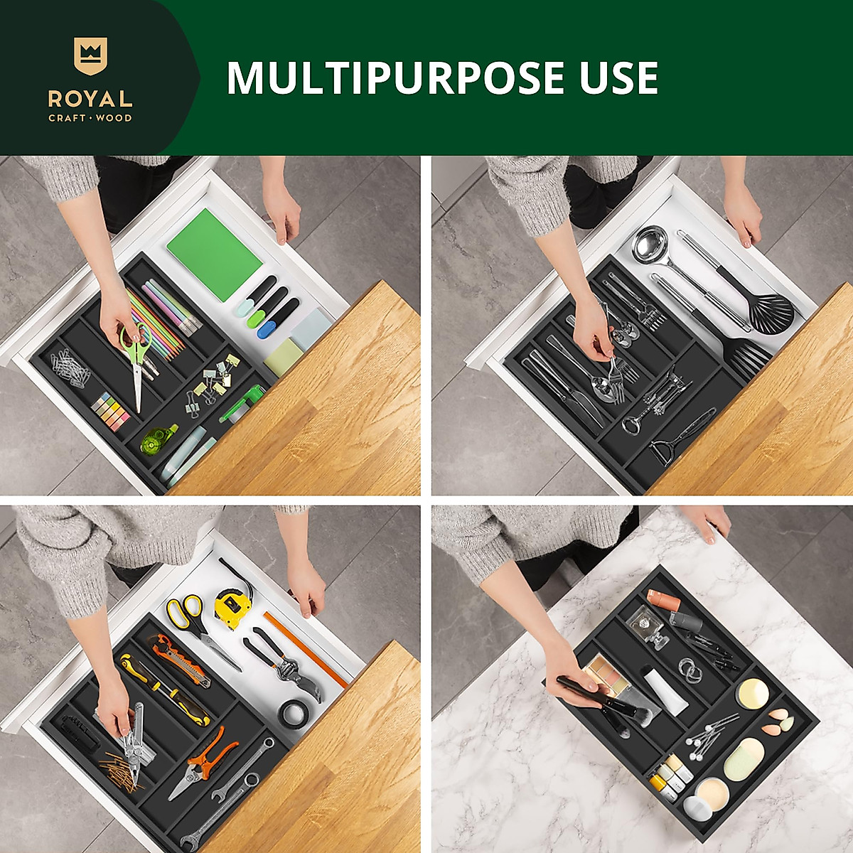 ROYAL CRAFT WOOD Bamboo Kitchen Drawer Organizer - Silverware Organize and Cutlery Tray with Grooved Drawer Dividers for Flatware and Kitchen Utensils (7 Slot, Black)