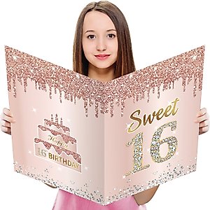 Large Sweet 16 Birthday Card with Envelope, Jumbo Happy 16th Birthday Card Gifts for Girl, Extra Big 16 Birthday Guest Book Greeting Cards Party Supplies，Pink Rose Gold Giant Sixteen Year Birthday