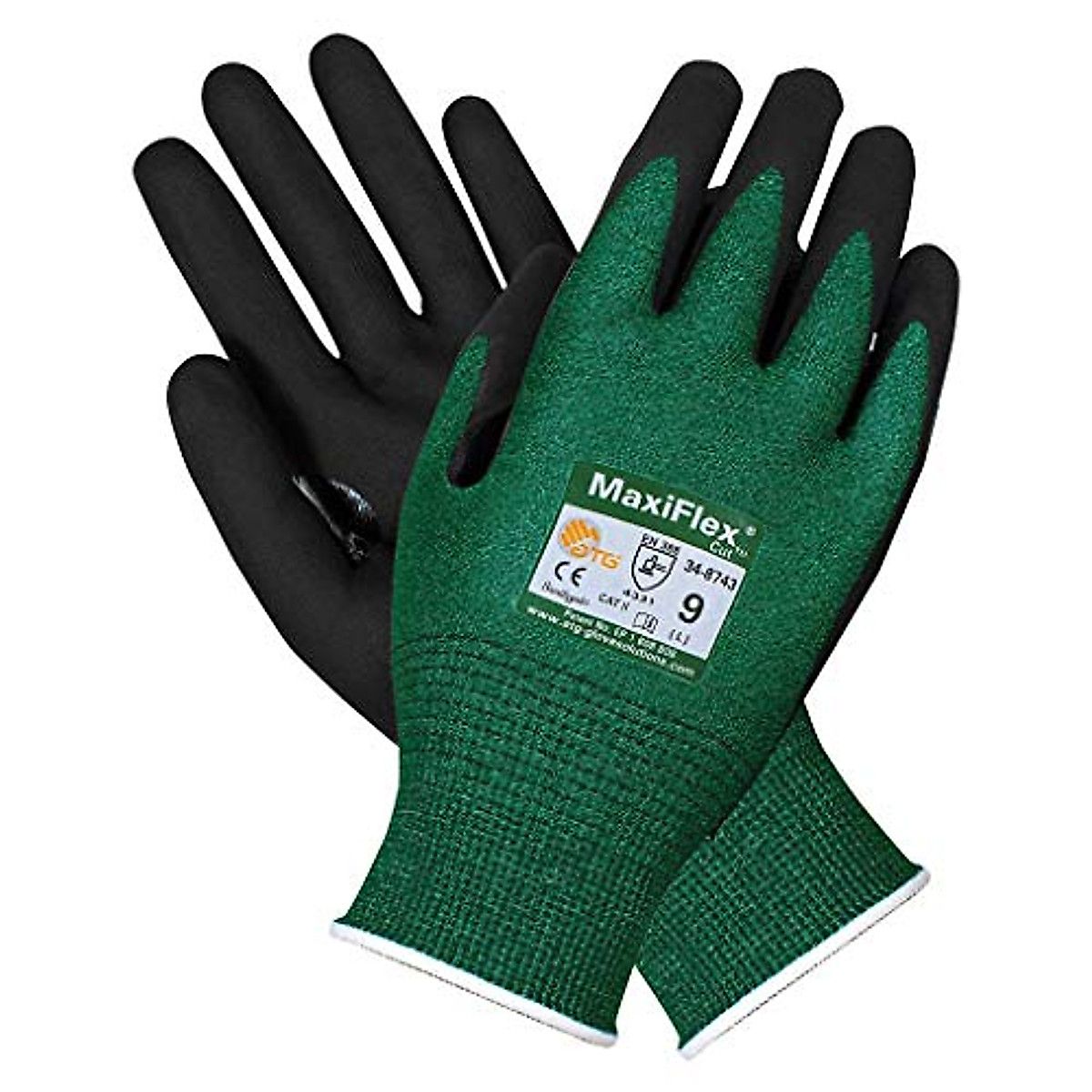 3 Pack MaxiFlex Cut 34-8743 Cut Resistant Nitrile Coated Work Gloves with Green Knit Shell and Premium Nitrile Coated Micro-Foam Grip on Palm & Fingers. Size: Small