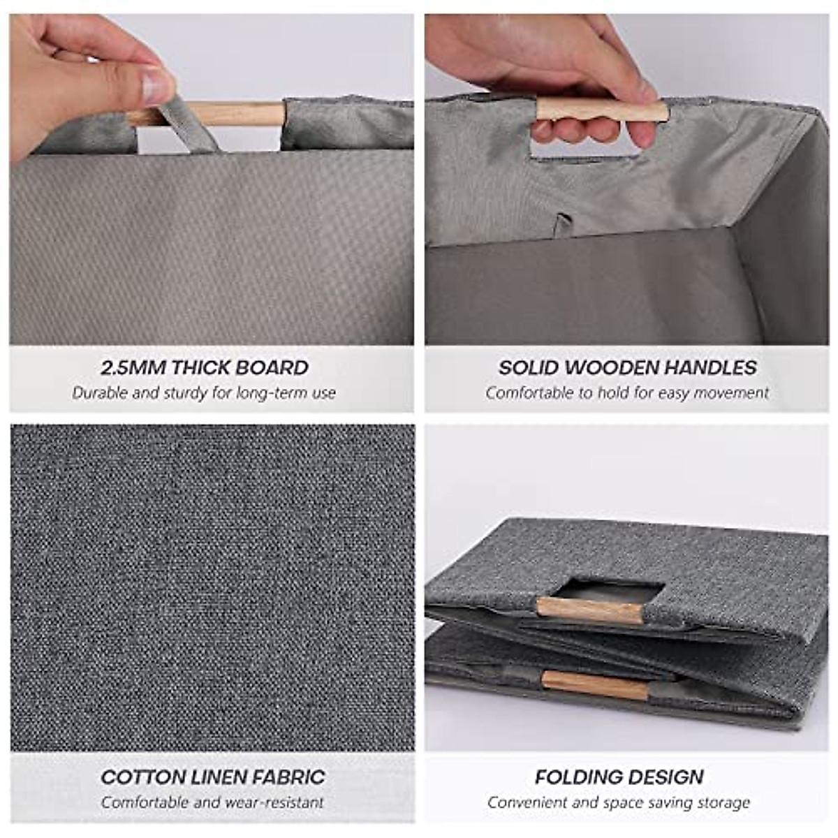 LaMorée Fabric Storage Bin Box Foldable Cotton Linen Storage Basket with Wooden Handles Rectangular Cube Decorative Home Nursery Laundry Organizer Clothes Blanket Container – Gray, Small