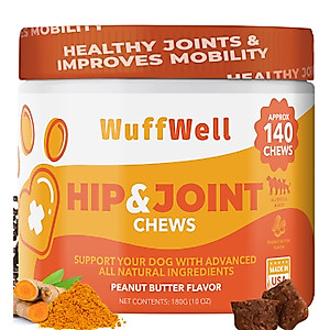 WuffWell Dog Hip and Joint Supplement - Pain and Inflammation Relief Chews with Glucosamine, Chondroitin, MSM, Turmeric - 140ct - Treats Hip Dysplasia, Arthritis - Dogs Chewable Supplements - USA Made