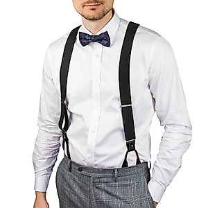 AWAYTR Mens Brown Button End Suspenders - Adjustable Elastic Y Shape Tuxedo Suspender (Black)