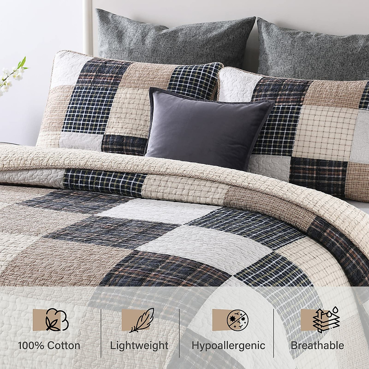 PERHOM 100% Cotton King Size Quilt Set - Lightweight Bedding Set, Real-Patchwork Plaid Pattern Printed Farmhouse Bedspreads, Soft Reversible Coverlet Comforter for All Season, 3 Pieces