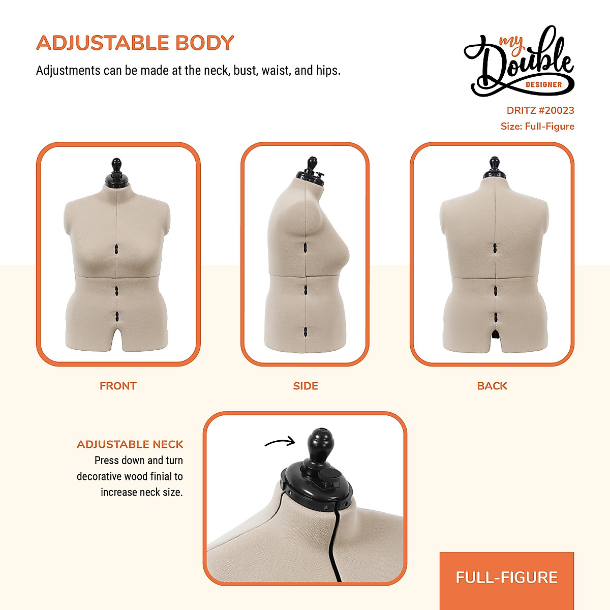 Dritz My Double Designer Adjustable Dress Form, Full-Figure, Ivory