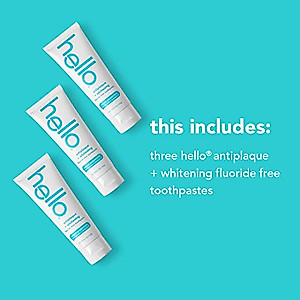 Hello Antiplaque Whitening Toothpaste, Fluoride Free Toothpaste for Teeth Whitening with Natural Peppermint Flavor and Tea Tree Oil, Peroxide Free, Gluten Free, SLS Free, 3 Pack, 4.7 OZ Tubes