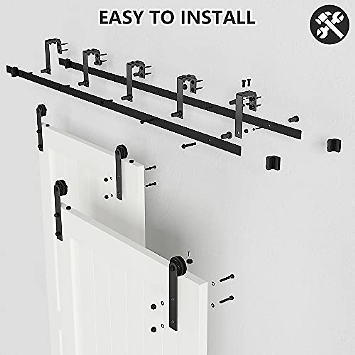 skysen 5.5FT Low Ceiling Heavy Duty Sliding Barn Door Hardware Double Track Bypass Double Door Kit Black(Bypass I Shape-2)