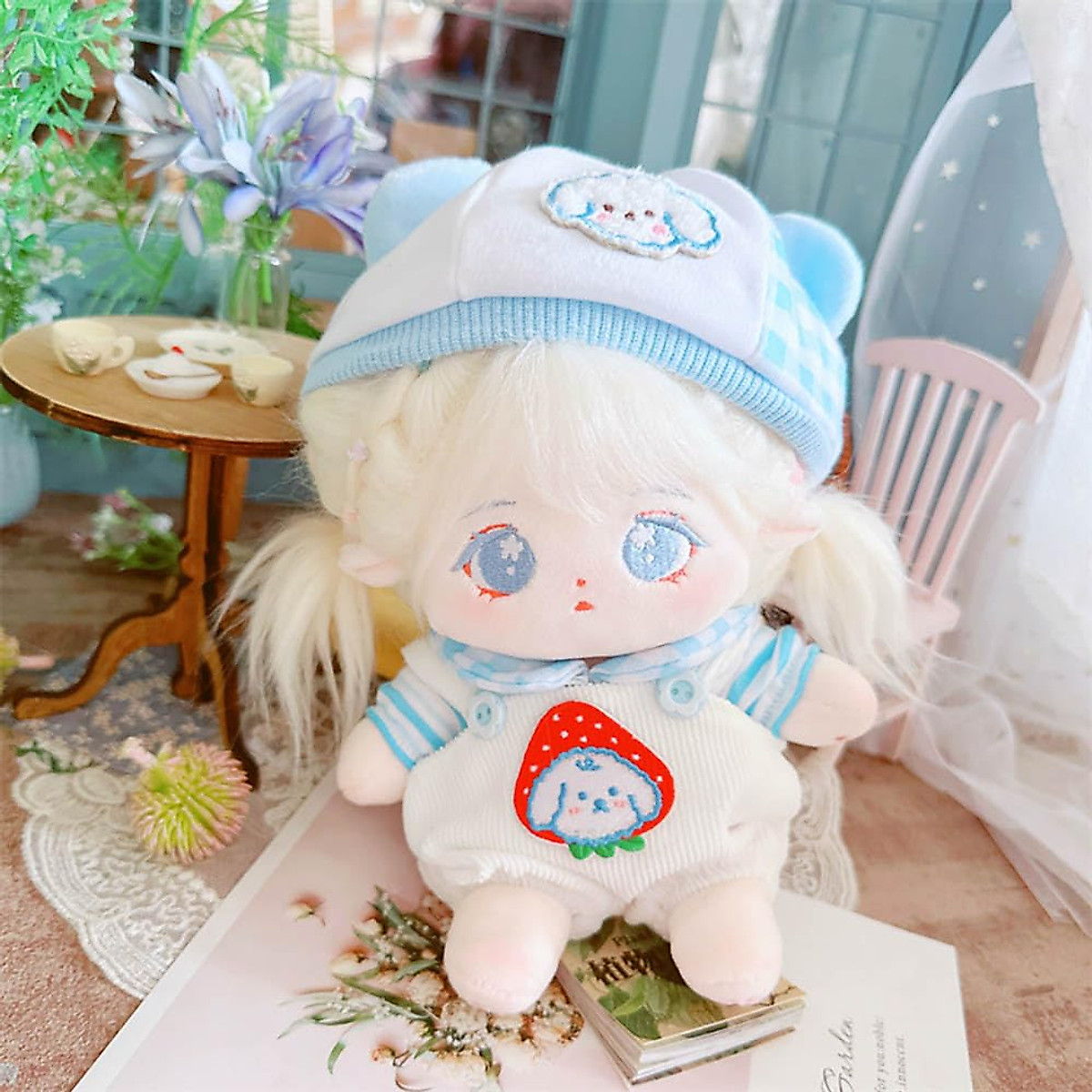 niannyyhouse 20cm Plush Doll Clothes Hat T-Shirt Overalls Milk Cover Set 8in Soft Stuffed Plush Toy Dress Up Accessories (Blue)