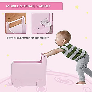 Qaba Kids' Storage Cabinet, Organizer for Books, Crafts, Rollable Toy Chest Safely Transport Bookshelf with Included Wheels, Clean Play Room, Pink