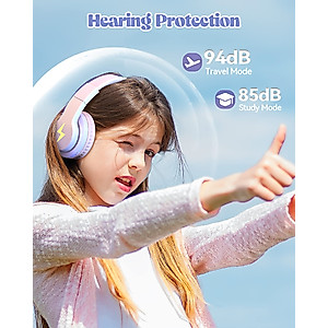 Kids Bluetooth Headphones, Colorful Wireless Over Ear Headset with LED Lights, Built-in Mic, 45H Playtime, 85dB/94dB Volume Limited Headphones for Boys Girls iPad Tablet School Airplane Pink Purple