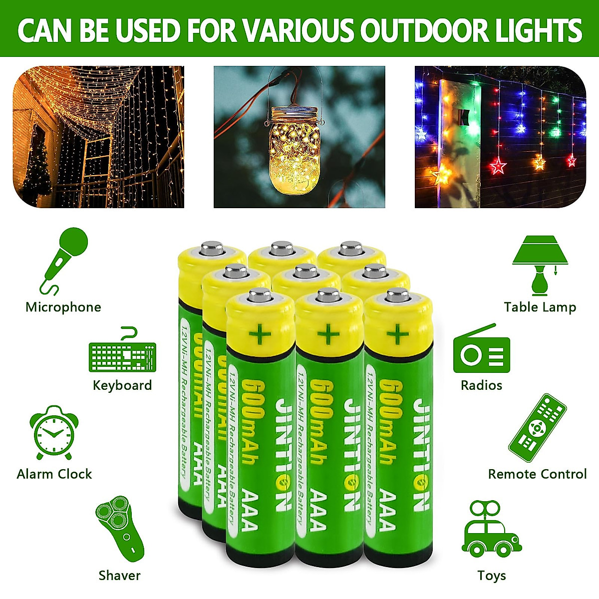 JINTION Ni-mh AAA 600mAh Battery 1.2V Triple A Rechargeable Batteries for Solar Outdoor Garden Lights, String Light, Pathway Lamp, Toys, 8 Pack