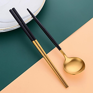 QOBIMOON Reusable Chopstick and Spoon Set,Stainless Steel Korean Spoons Chopsticks,Metal Chopsticks Spoons Set of 3 Dinnerware For Home or Restaurant,Black Gold