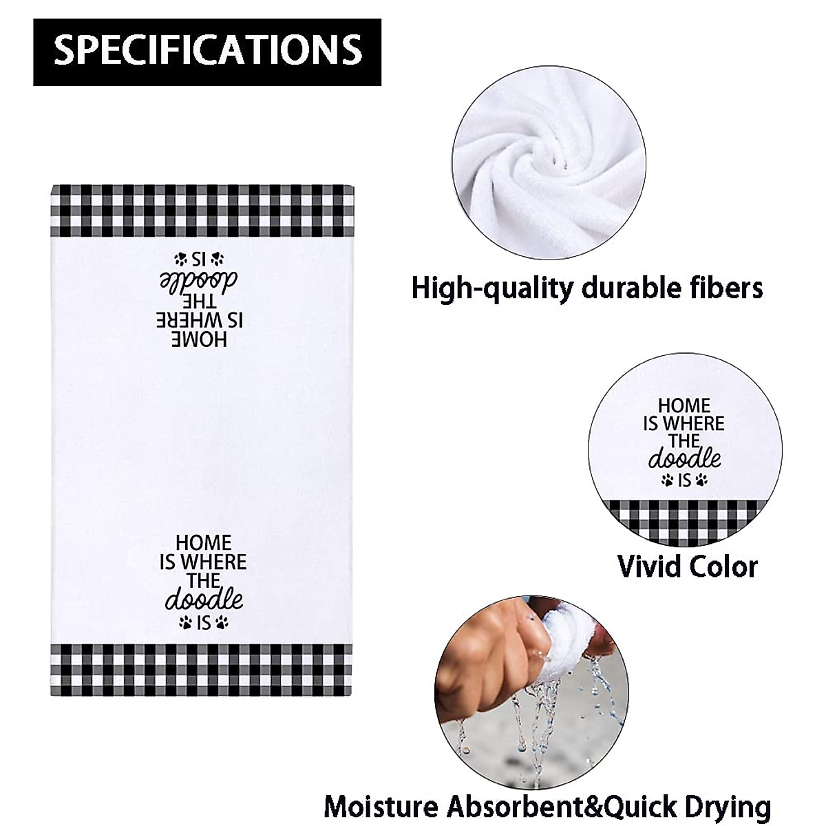 Home is Where The Doodle is Kitchen Dish Towels 18 x 28 Inch Set of 2,Dog Paw Farmhouse Towels Dish Cloth for Cooking Baking