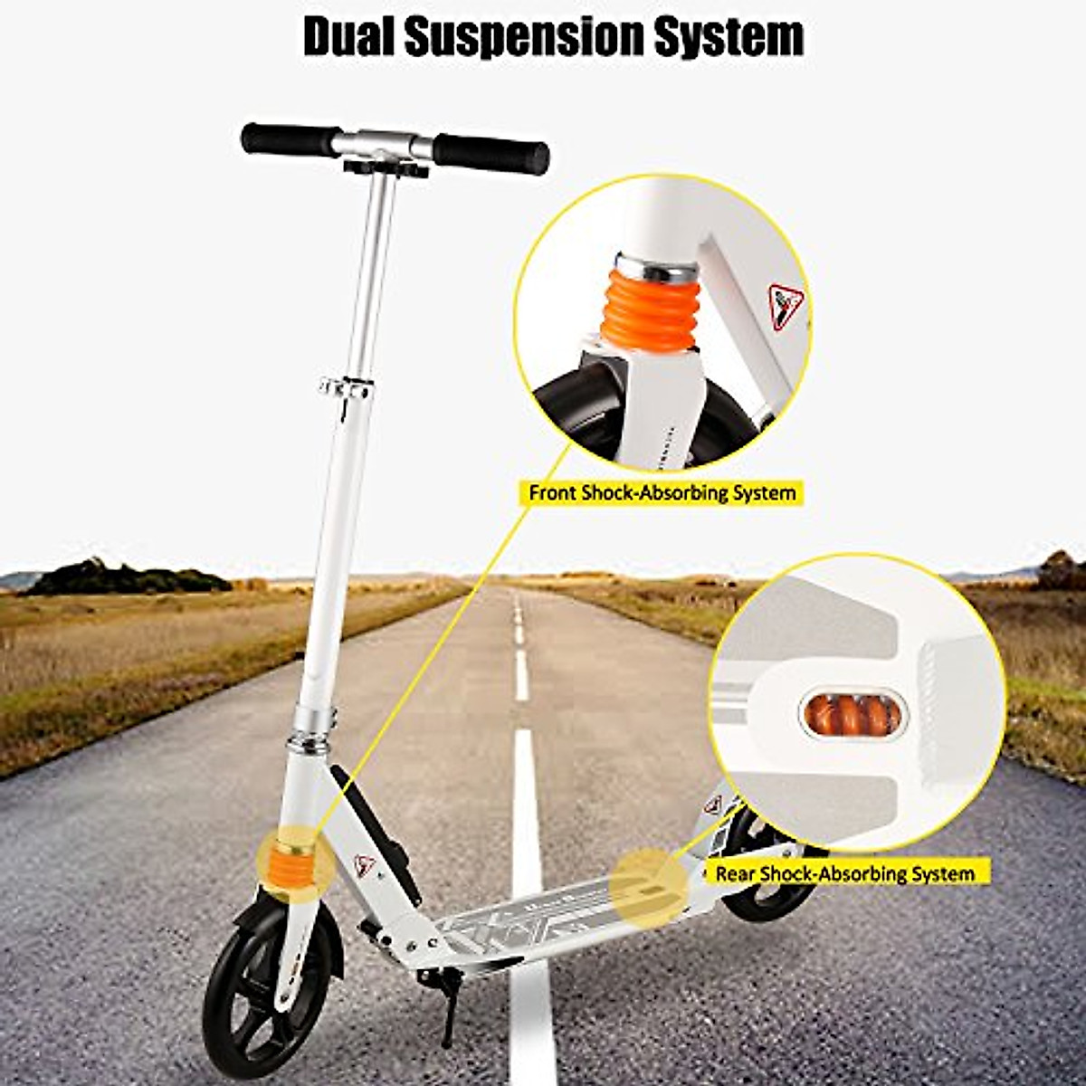 Kids/Adult Scooter with 3 Seconds Easy-Folding System, 220lb Folding Adjustable Scooter with Foot Brake and 200mm Large Wheels (White)