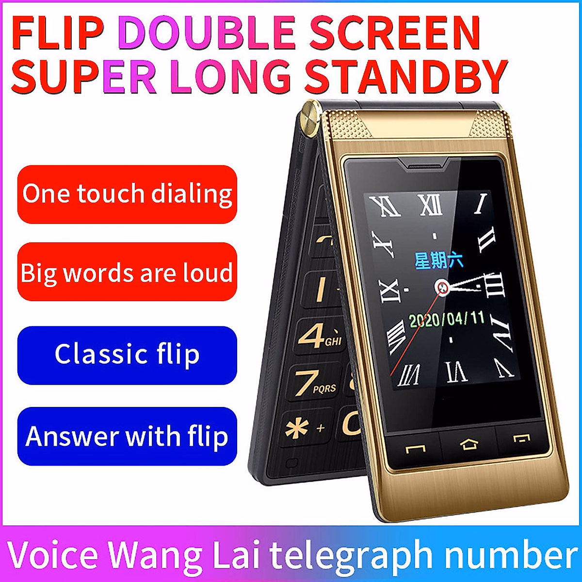 Flip Cell Phone for Seniors,G Seniors Phone,3.0 Inch Double Sided Large Screen Cell Phone,Long Standby Dual SIM Phone, 5900mAh 1.3 MP Support Flashlight Camera Music Player (Gold)