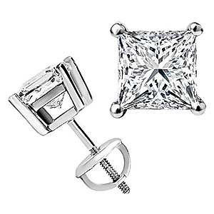 PARIKHS Princess cut Diamond stud Screw Back 14K White Gold (0.25ct, Clarity-I3)