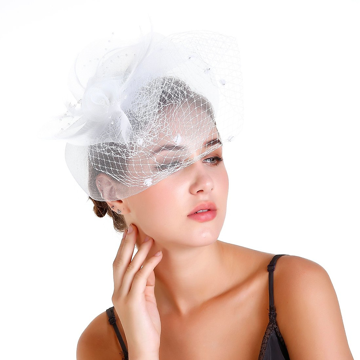 Women Cocktail Tea Party Flower Headwear Birdcage Pillbox Hat Wedding Veil Vintage Fascinator with Feather White