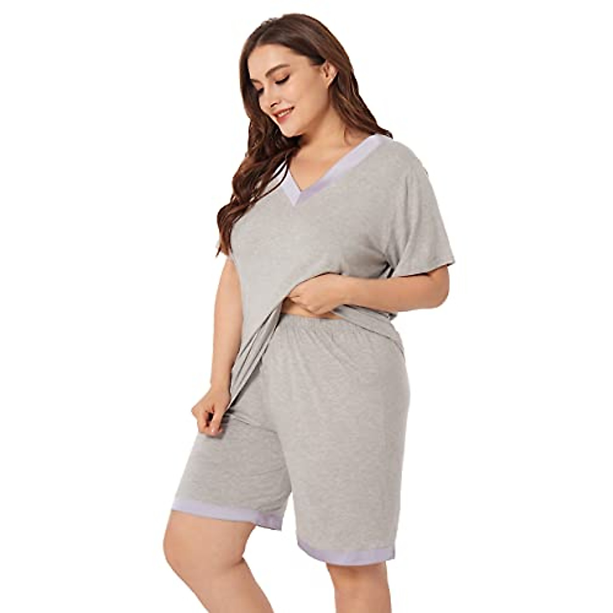 ZERDOCEAN Women's Plus Size Sleepwear Pajama Set Short Sleeve with Shorts Nightwear Two-piece Pj Lounge Sets Lightgray 4X