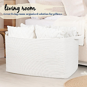 ZLG 90L Large Cotton Rope Rectangular Basket- White Woven Storage Basket - Ideal for Baby Quilt, Toy, and Clutter Sorting Basket, 24.4 "x 15" x 15 "