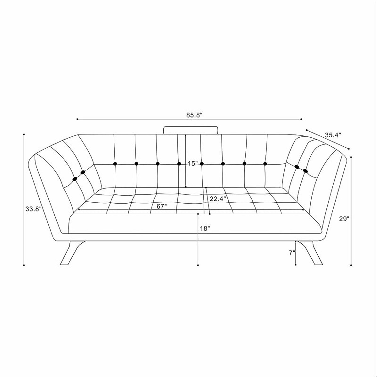 Ashcroft Furniture Co Allen Mid Century Modern Tufted Genuine Leather Sofa in Cognac Tan