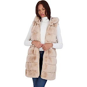 VIA SPIGA Women's Grooved Faux Fur Hooded Vest Beige Size L