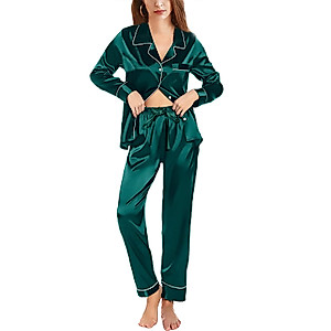 WJing Yi Jia Womens Pajama Set Silk Satin Pajamas Long 2pc Pjs Button Down Sleepwear Pj Set Loungewear