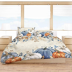 DecorLovee Fall Blue Pumpkins Duvet Cover Set 3 Pieces, Thanksgiving Orange Gray Botanical Rustic Bedding Sets 1 Duvet Cover & 2 Pillow Cases, Comforter Cover Set Duvet Cover California King