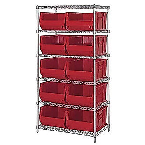 Quantum Storage Systems WR6-974RD 6-Tier Complete Wire Shelving System with 10 QUS974 Red Hulk Bins, Chrome Finish, 30" Width x 36" Length x 74" Height