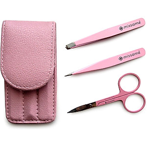 Precision Stainless Steel Eyebrow Tweezers Set In Pointed And Slanted Tip, Curved Brow Scissors, Comes With Pink Travel Case